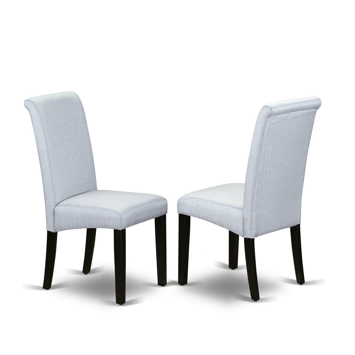 East West Furniture SHBA3-BLK-05 3 Piece Kitchen Table & Chairs Set Contains a Round Dining Room Table with Pedestal and 2 Grey Linen Fabric Parson Dining Chairs, 42x42 Inch, Black