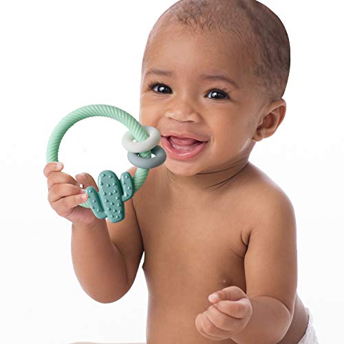 Itzy Ritzy Silicone Teether with Rattle; Rattle Teether Features Rattle Sound, Two Silicone Teething Rings and Raised Texture to Soothe Gums; Ages 3 Months and Up (Cactus)