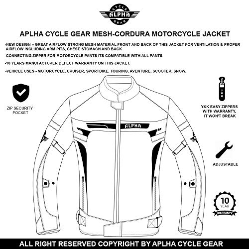 ALPHA CYCLE GEAR BREATHABLE BIKERS RIDING PROTECTION MOTORCYCLE JACKET MESH CE ARMORED (BLACK WIND, LARGE)