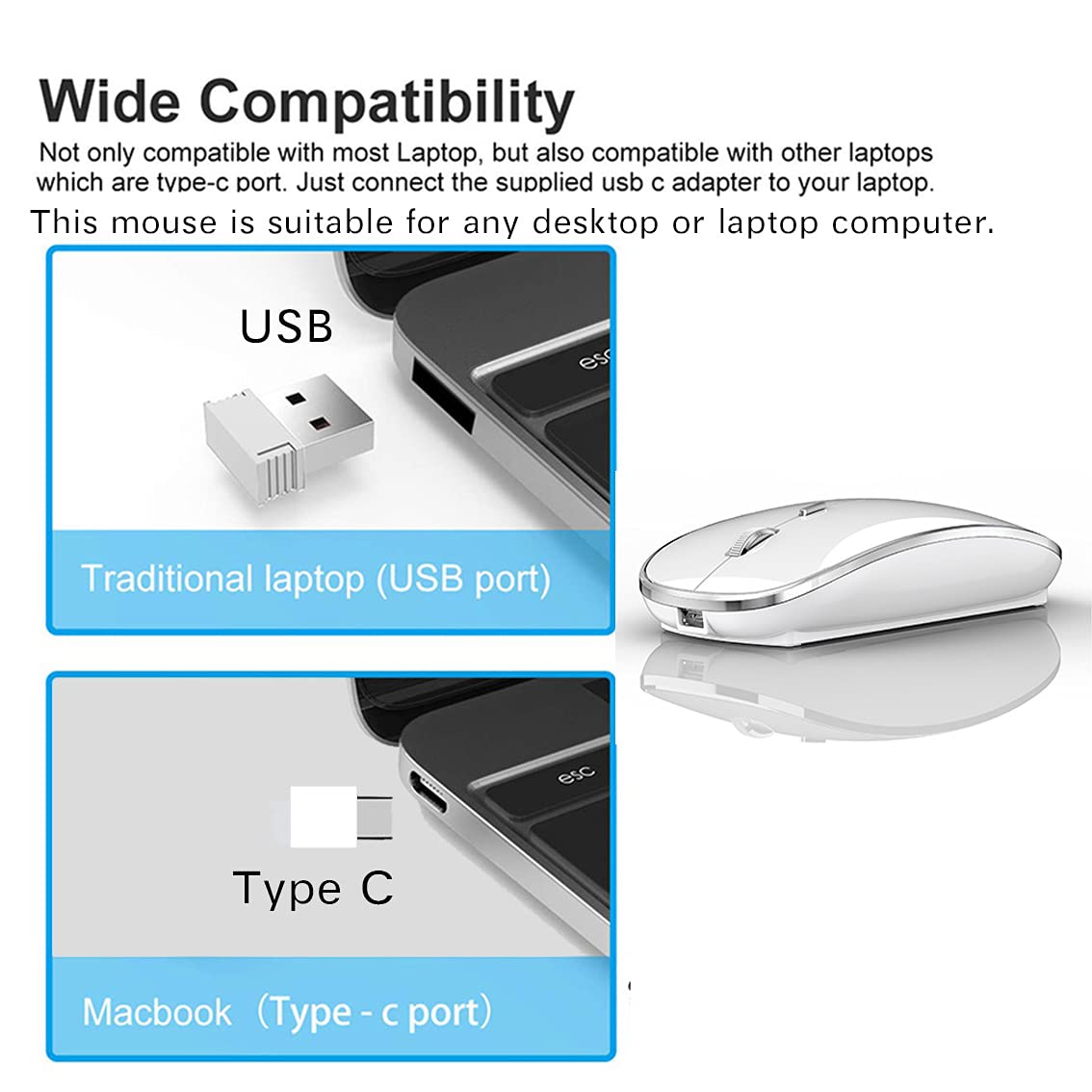 2.4G USB C Receiver Wireless Mouse for Computer Chromebook for Microsoft Laptop Mac DELL HP iMac MacBook Pro Air Win7 8 10 11