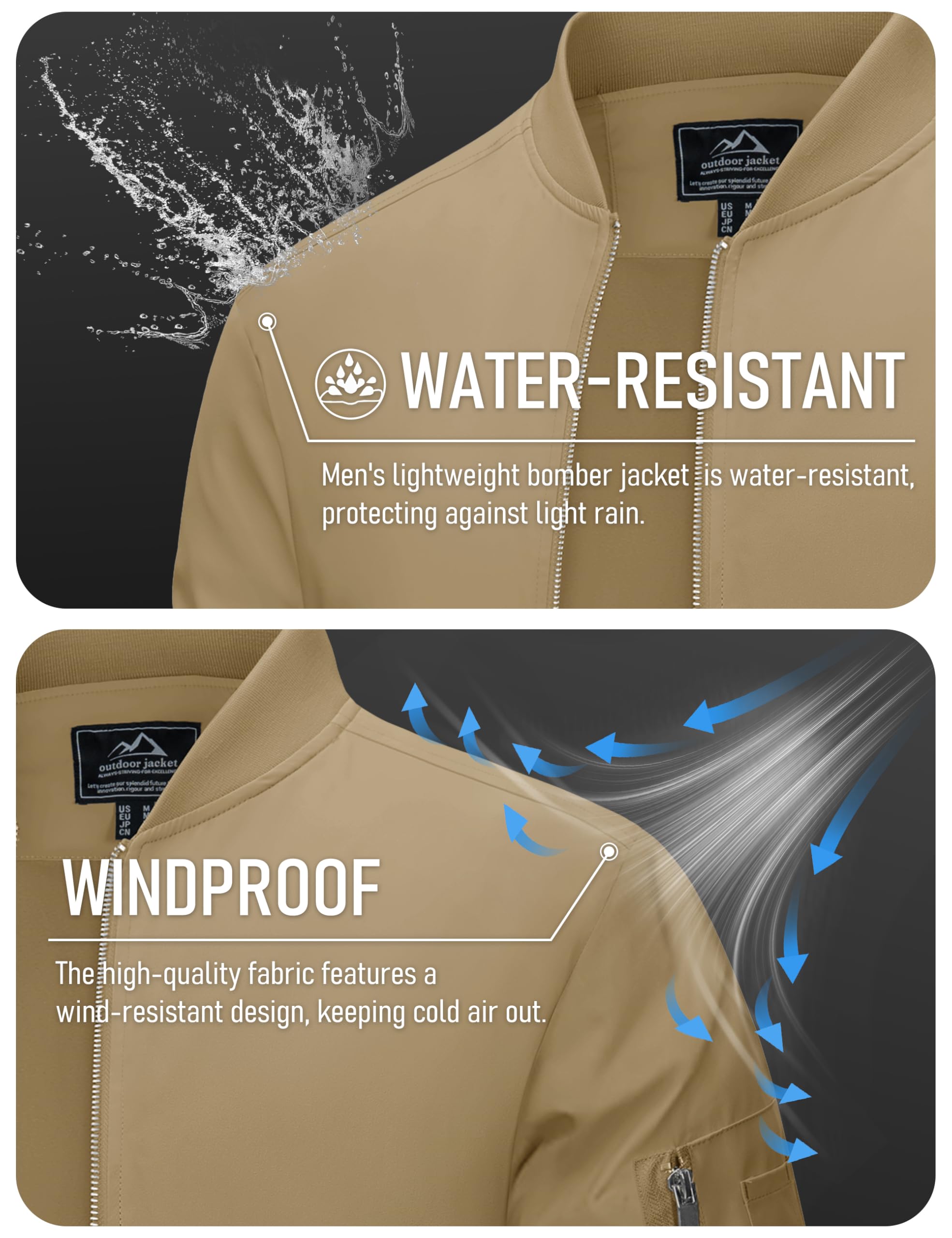MAGCOMSEN Bomber Jacket Men Light Spring Jackets Lightweight Bomber Jacket Zip Up Light Coat with Pocket Casual Jacket Khaki,L