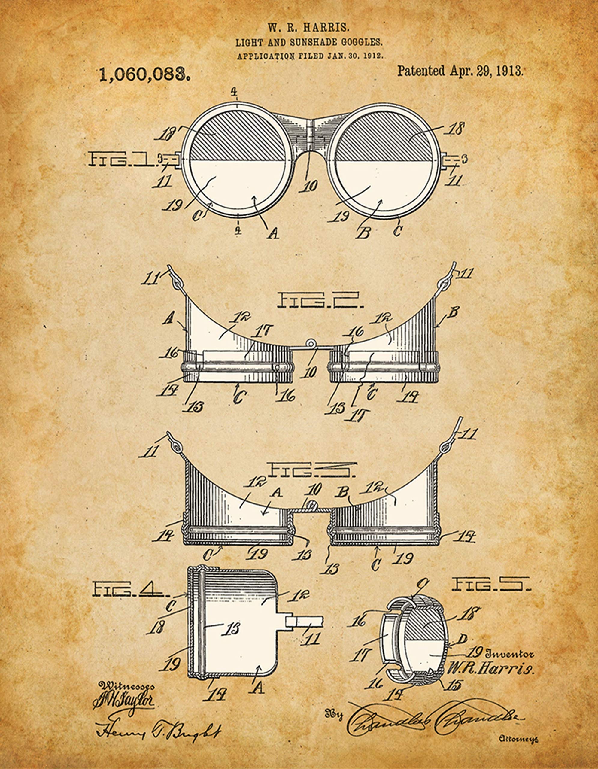 Steampunk Goggles Patent Print - Mad Scientist Goggles, Classic Aviator Goggles Art Decor, Old Eye Protection Display, Gift for Science Fiction Fans, Choose Unframed Vintage Poster or Canvas Prints