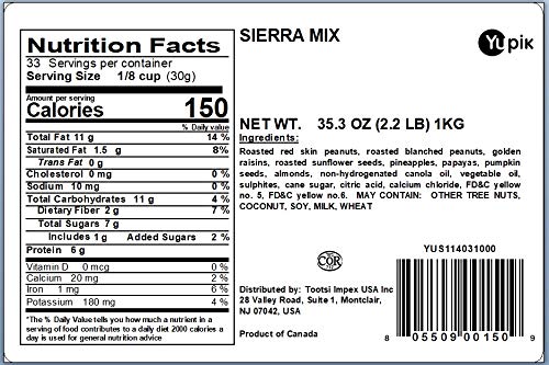 Yupik Sierra Trail Mix, 2.2 lb, A mix of almonds, peanuts, almonds, pumpkin seeds, sunflower seeds, raisins, papaya and pineapple, Pack of 1