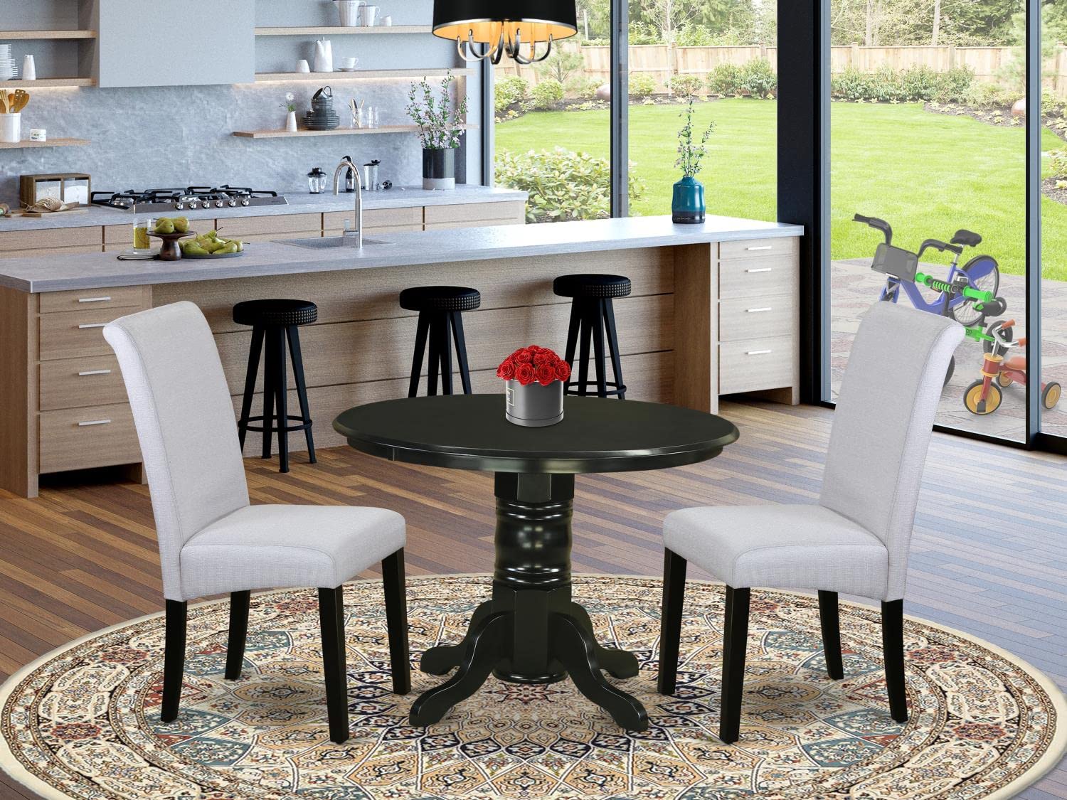 East West Furniture SHBA3-BLK-05 3 Piece Kitchen Table & Chairs Set Contains a Round Dining Room Table with Pedestal and 2 Grey Linen Fabric Parson Dining Chairs, 42x42 Inch, Black