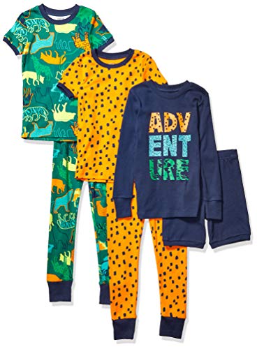 Amazon Essentials Boys' Snug-fit Cotton Pajamas Sleepwear Sets (Previously Spotted Zebra), Pack of 3, Dark Blue Text Print/Green Animal/Orange Dots, 14-16
