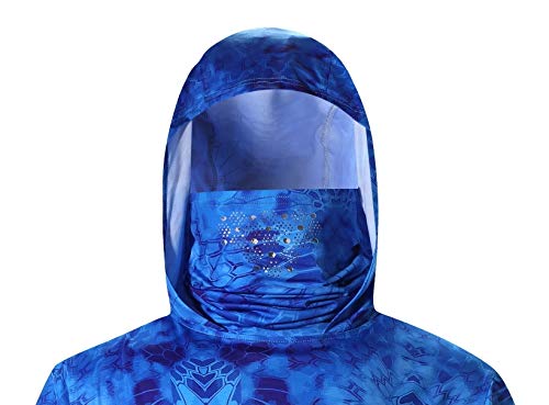 Performance Fishing Hoodie with Face Mask Hooded Sunblock Shirt Sun Shield Long Sleeve Shirt, Blue, 2X-Large
