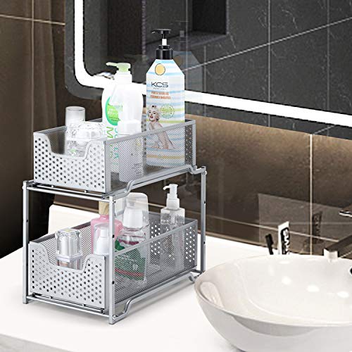 2 Pack - Simple Trending Stackable 2-Tier Under Sink Cabinet Organizer with Sliding Storage Drawer, Silver