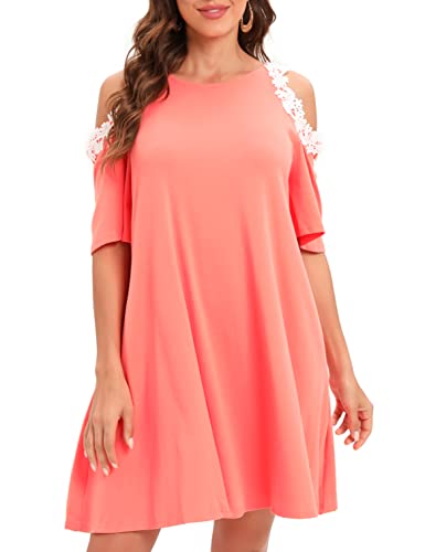 Aofur Summer Cotton Lace Dress Ladies 2023 Cold Sleeve Casual Plus Size S-XXXL Sundress Women Solid Elegant Party Dress(XX-Large,Light Red)