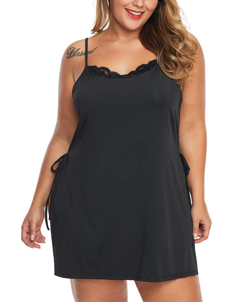 XAKALAKA Women Plus Size Lace Babydoll Lingerie Side Slit Strappy Chemise Sleepwear Black XL