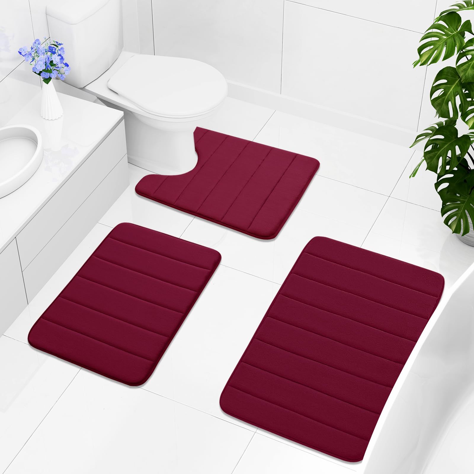 Buganda Memory Foam Bath Mat Rug, 47" x 17", Ultra Soft and Non-Slip Bathroom Rugs, Water Absorbent and Machine Washable Bath Rug Runner for Bathroom, Shower, and Tub, Burgundy