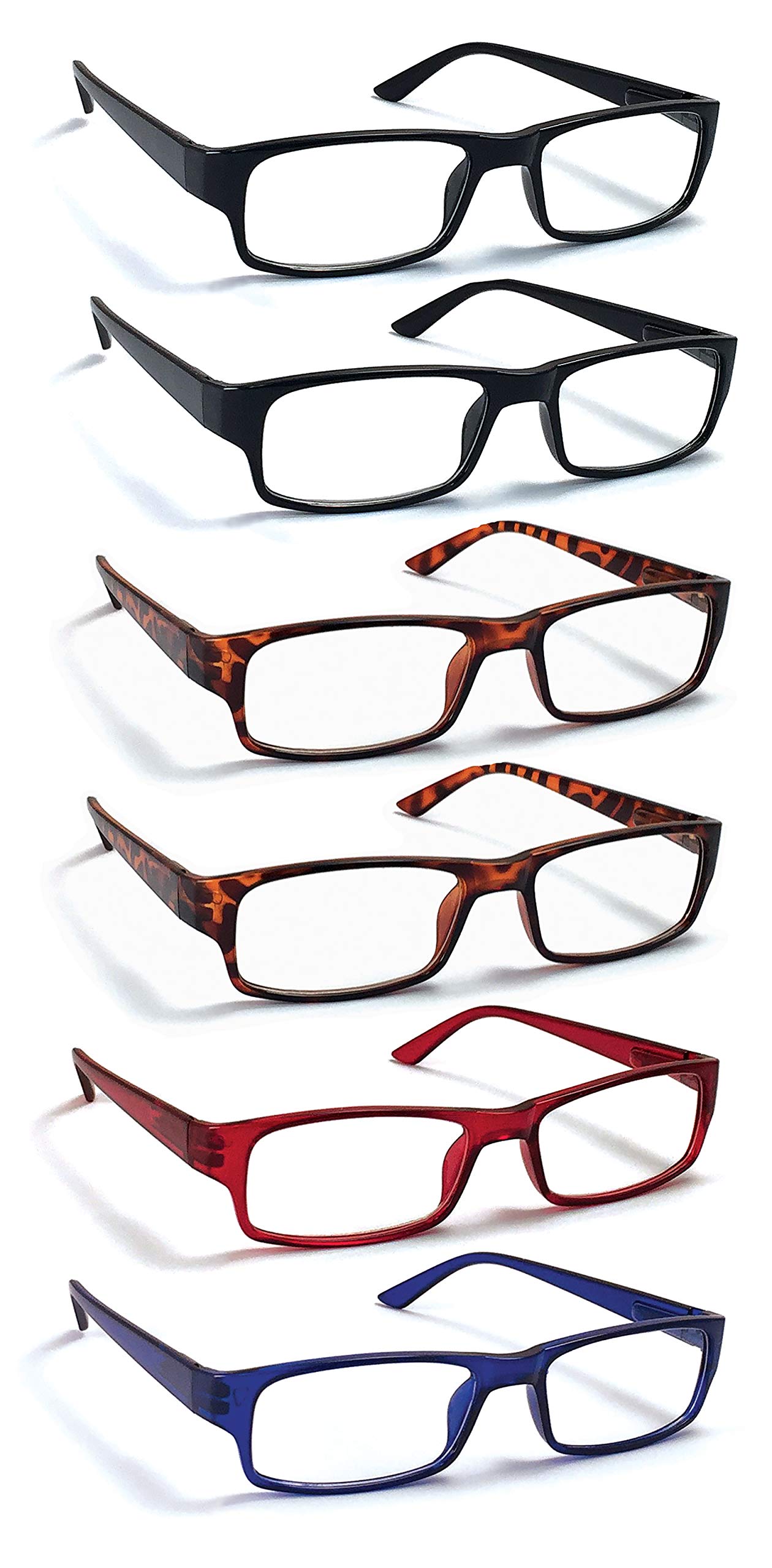 Boost Eyewear 6 Pack Reading Glasses, Traditional Frames in Black, Tortoise Shell, Blue and Red, for Men and Women, with Comfort Spring Loaded Hinges, Assorted Colors, 6 Pairs (1.75, 9, 2, 0, 0, 6)