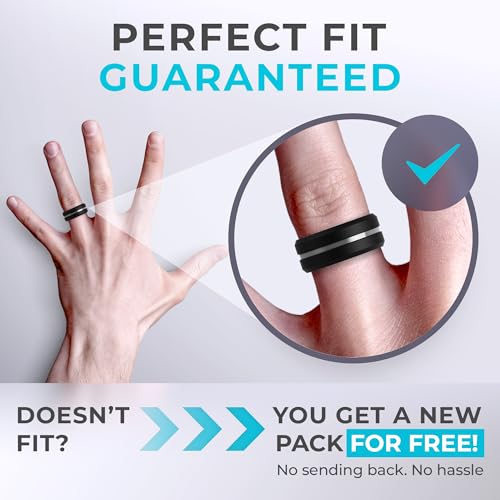 ThunderFit Silicone Wedding Rings for Men, Brushed Top Middle Engraved Line Rubber Engagement Bands 8.2mm Wide 2.5mm Thick - 1/4/6/7 Variety Multipack (Pack W - Size 9.5-10 (19.80mm))