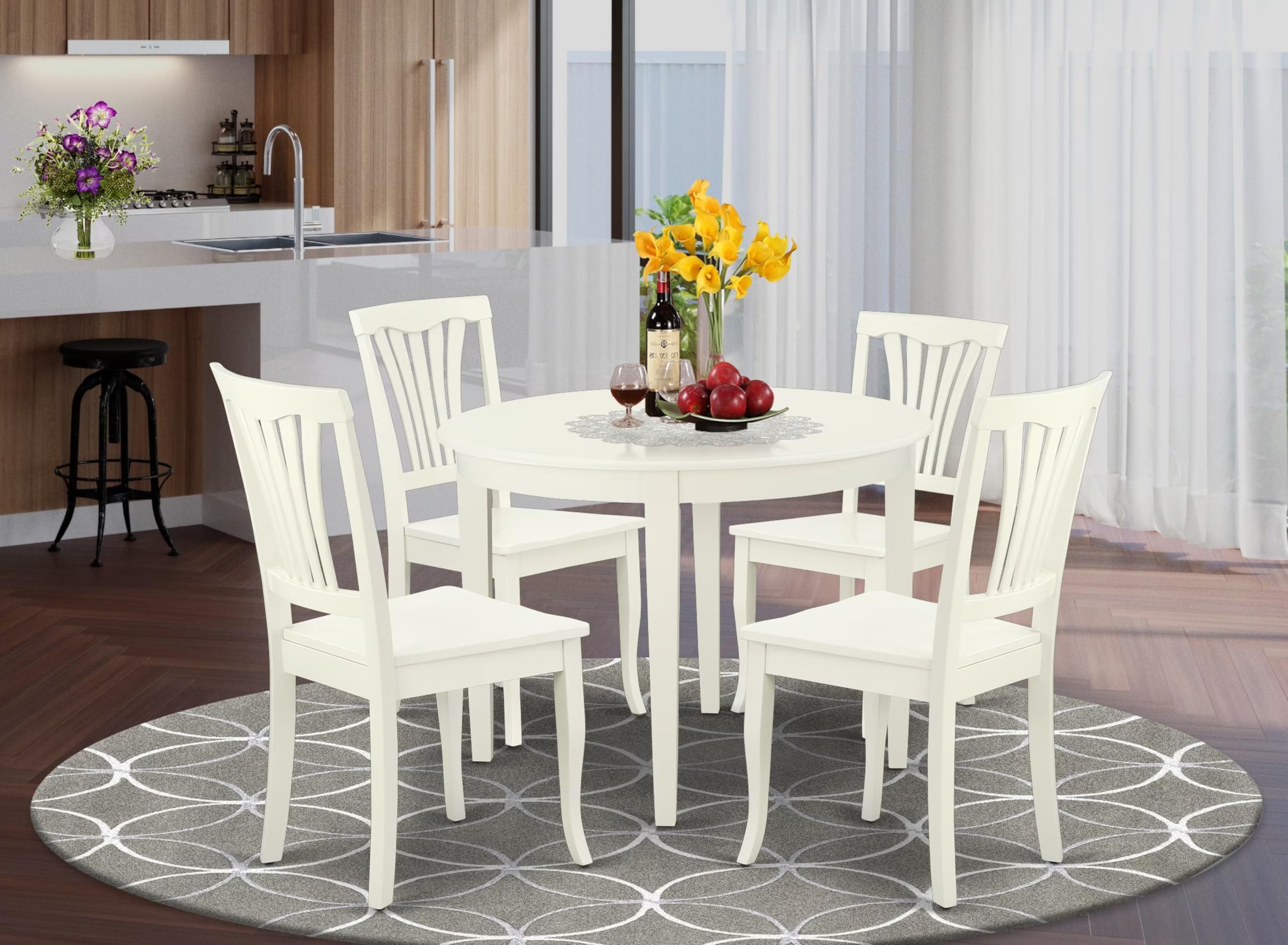 East West Furniture BOAV5-LWH-W 5 Piece Dining Room Table Set Includes a Round Kitchen Table and 4 Dining Chairs, 42x42 Inch, Linen White