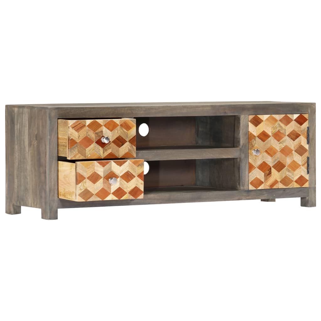 vidaXL Solid Mango Wood TV Stand/Media Cabinet with Two Drawers and One Door, Mid-Century Design, Gray and Brown, 47.2"x11.8"x15.7"