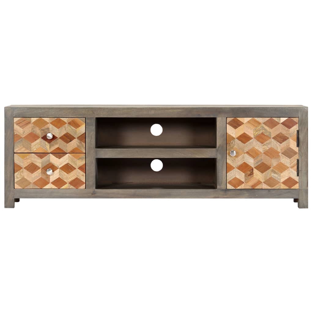 vidaXL Solid Mango Wood TV Stand/Media Cabinet with Two Drawers and One Door, Mid-Century Design, Gray and Brown, 47.2"x11.8"x15.7"
