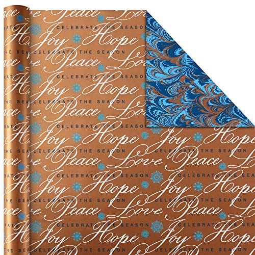 Hallmark Reversible Christmas Wrapping Paper Bundle, Elegant Blue and Gold (4 Rolls: 150 sq. ft. ttl.) Dark Blue, Gold, Teal Snowflakes, Peace, Stripes, Geometric