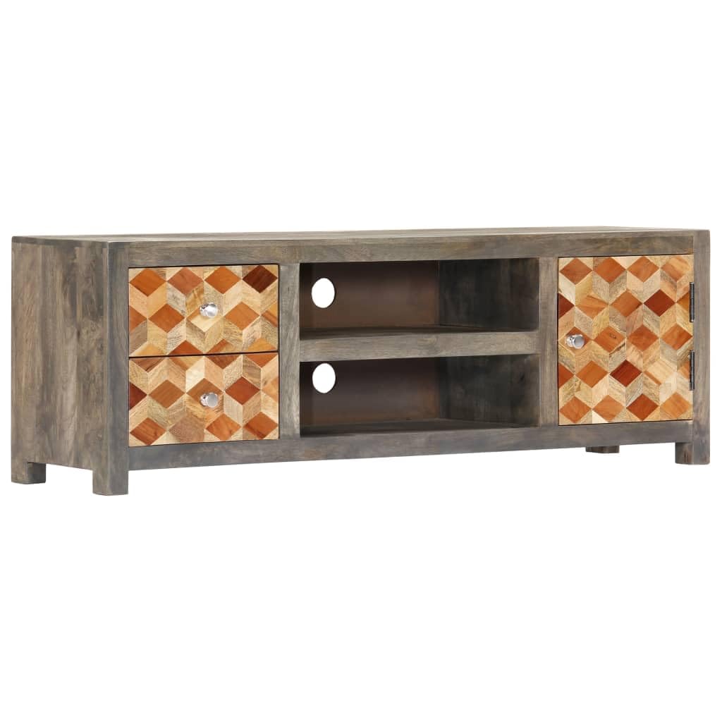 vidaXL Solid Mango Wood TV Stand/Media Cabinet with Two Drawers and One Door, Mid-Century Design, Gray and Brown, 47.2"x11.8"x15.7"
