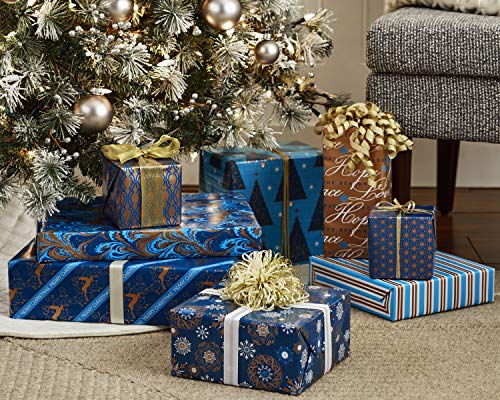 Hallmark Reversible Christmas Wrapping Paper Bundle, Elegant Blue and Gold (4 Rolls: 150 sq. ft. ttl.) Dark Blue, Gold, Teal Snowflakes, Peace, Stripes, Geometric