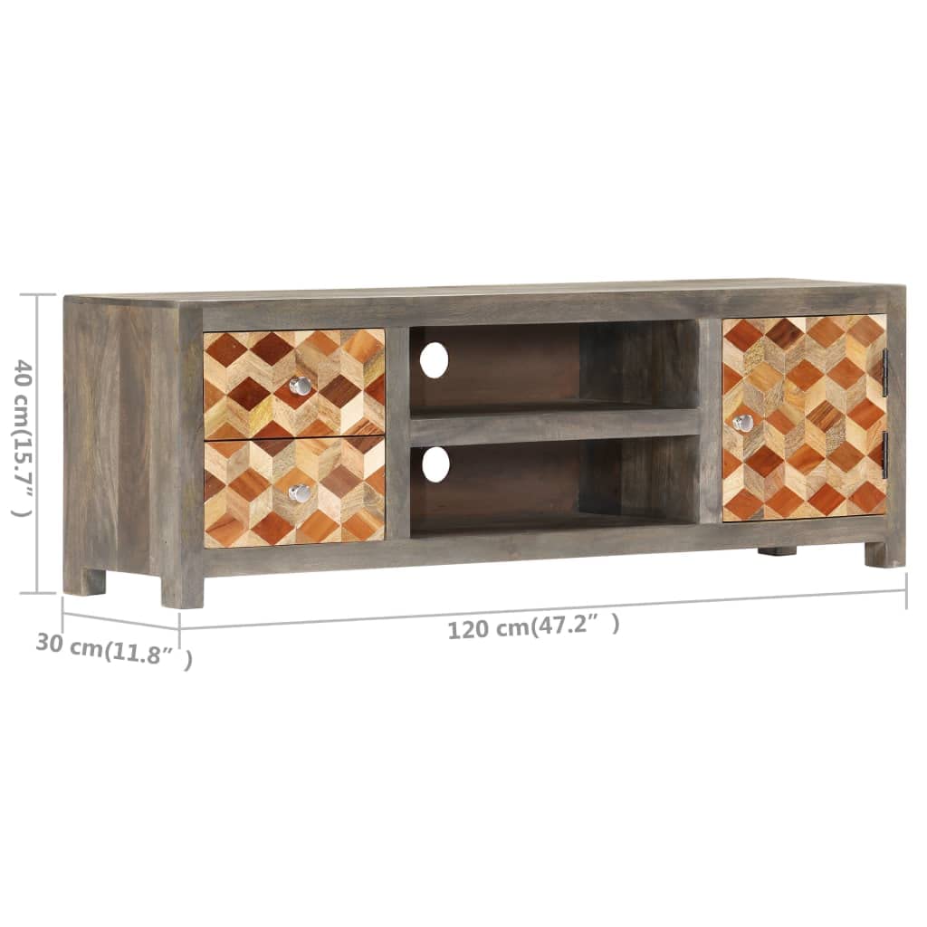vidaXL Solid Mango Wood TV Stand/Media Cabinet with Two Drawers and One Door, Mid-Century Design, Gray and Brown, 47.2"x11.8"x15.7"