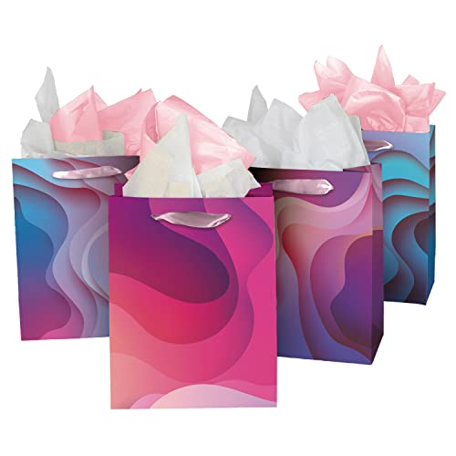Homeadow Bags - 4 Pcs Assorted Gift Bags, Medium Size (9"x7") - Assorted with 4 Different Designs, Laminated Cardboard, includes 8 tissue papers - Colorful Abstract 3D Patterns