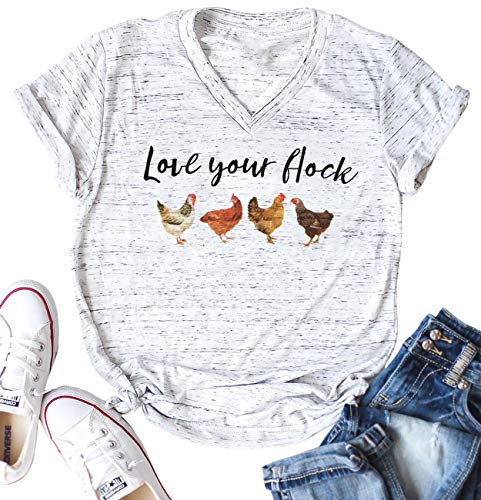 Love Your Flock Shirt Women V-Neck Letters Print Short Sleeves Funny Graphic Tee Casual Tops T Shirts Size L (Light Grey)