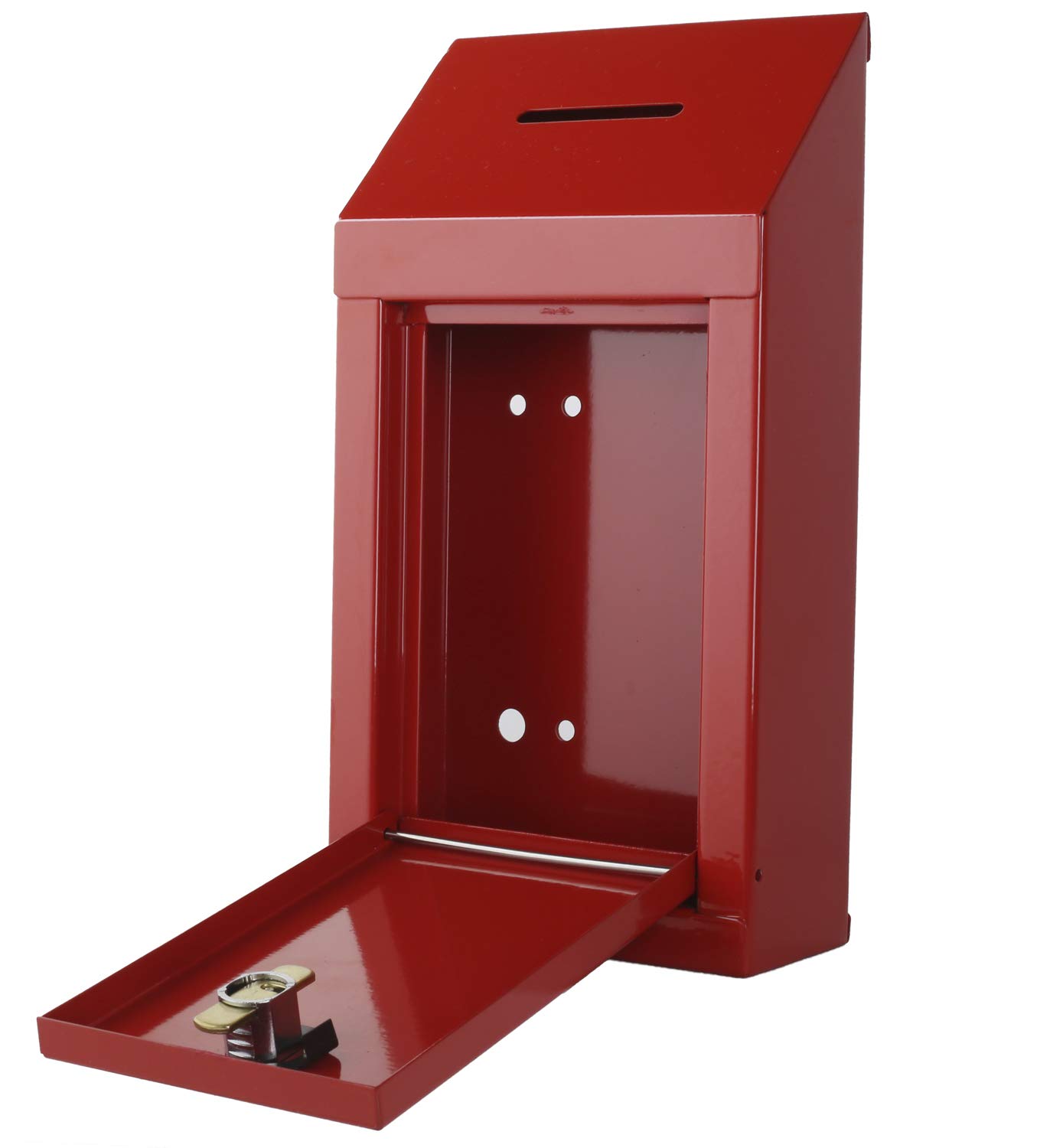 Secure Steel Collection Box with Top Slot and Lock with Keys - Wall Mountable with Pre-Drilled Holes, 10x6x2.5" Key Drop Box for Home Office (Red)