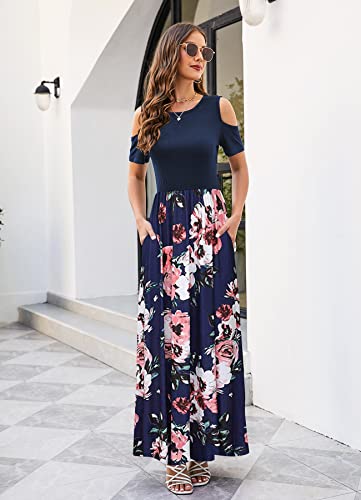 Kancystore Women's Beach Long Dress Floral Print Short Sleeve Casual Flowy Dresses (Navy Blue_XL)