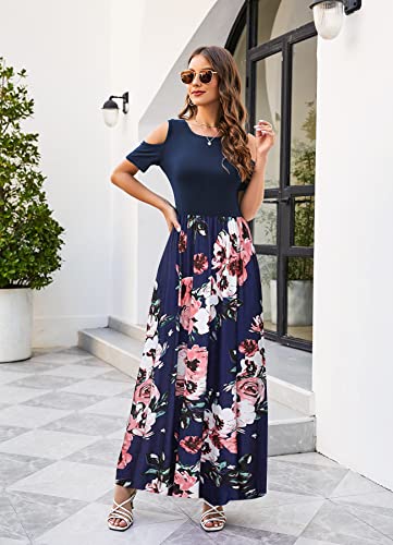 Kancystore Women's Beach Long Dress Floral Print Short Sleeve Casual Flowy Dresses (Navy Blue_XL)