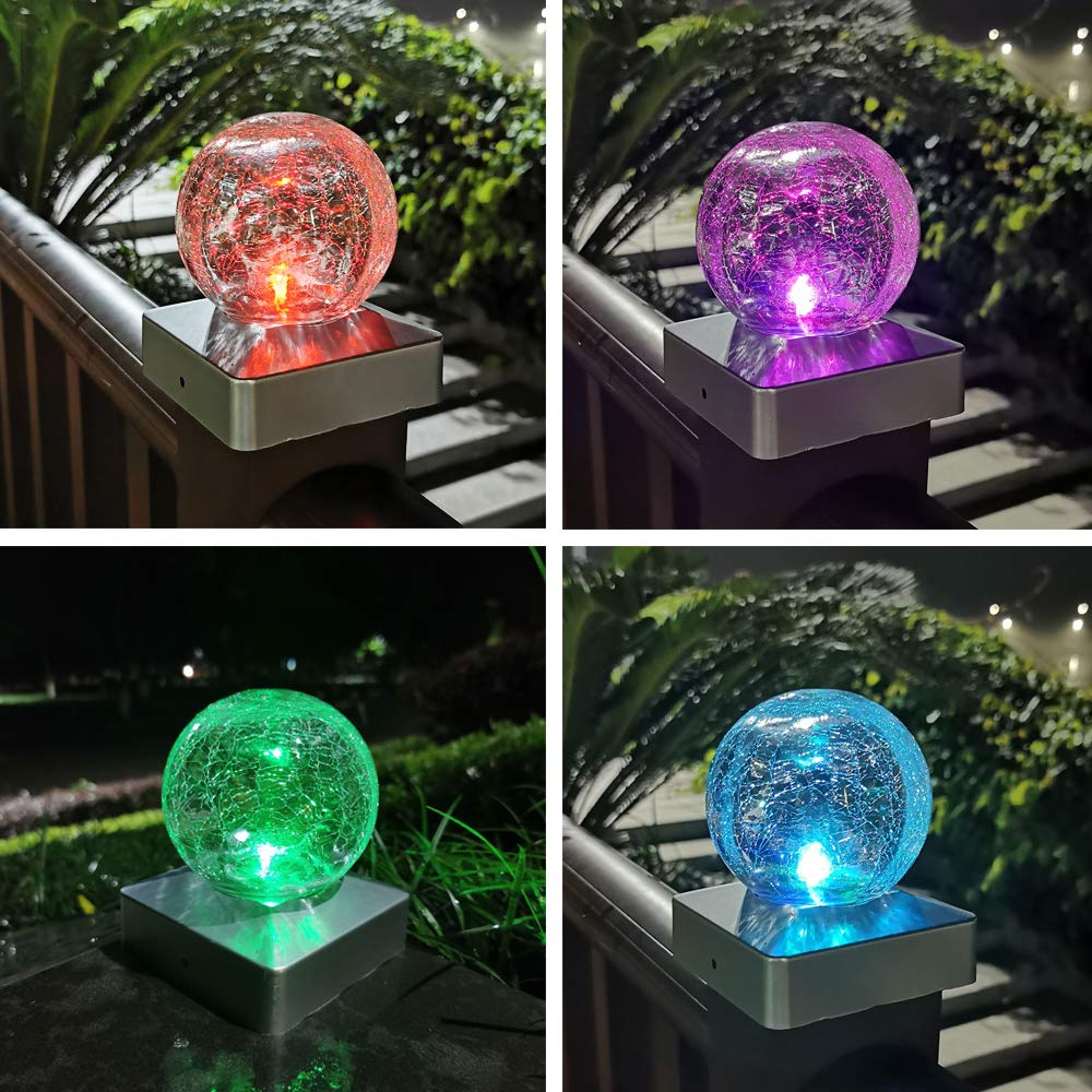 SUNNYPARK Solar Fence Post Cap Light, 4x4, Color Changing, Waterproof, Outdoor, Wooden or Vinyl Post, Garden Lights, Solar Powered, Crackle Glass Design