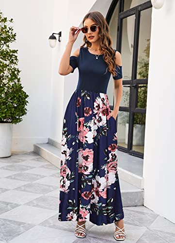 Kancystore Women's Beach Long Dress Floral Print Short Sleeve Casual Flowy Dresses (Navy Blue_XL)