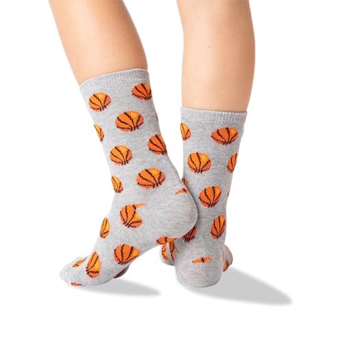 Hot Sox boys Sports Series Novelty Crew Casual Sock, Basketball (Grey Heather), 6 12 US