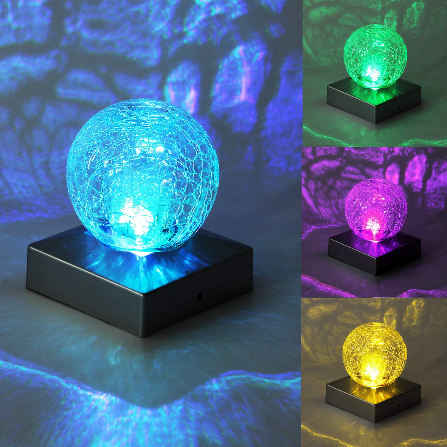 SUNNYPARK Solar Fence Post Cap Light, 4x4, Color Changing, Waterproof, Outdoor, Wooden or Vinyl Post, Garden Lights, Solar Powered, Crackle Glass Design