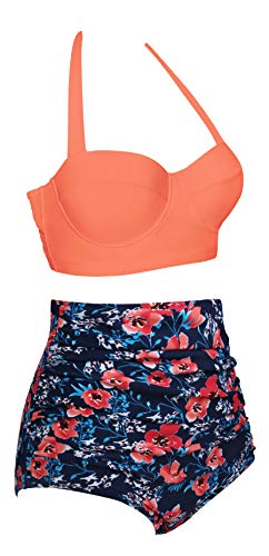 Angerella Orange Slimming Swimsuits for Women Tummy Control Pinup Halter Bikini,2XL
