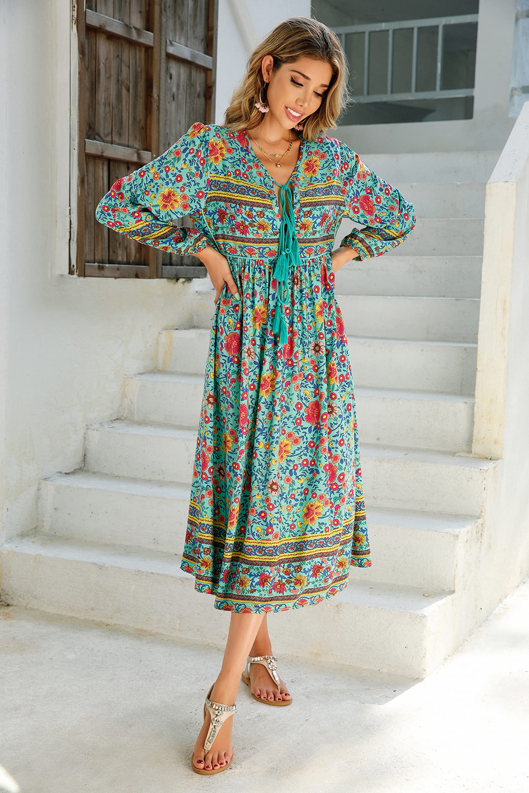 R.Vivimos Women's Long Sleeve Floral Print Retro V Neck Tassel Bohemian Midi Dresses (XL, Green)