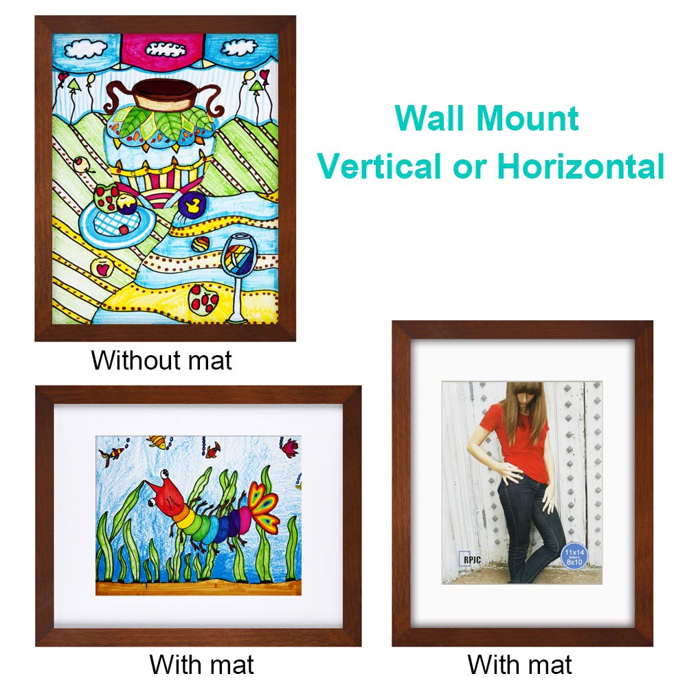 RPJC 11x14 inch Picture Frame Made of Solid Wood and High Definition Glass Display Pictures 8x10 with Mat or 11x14 Without Mat for Table Top Display and Wall Mounting Photo Frame with Stand Brown