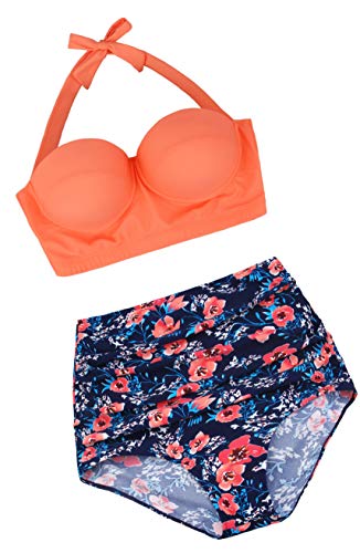 Angerella Orange Slimming Swimsuits for Women Tummy Control Pinup Halter Bikini,2XL