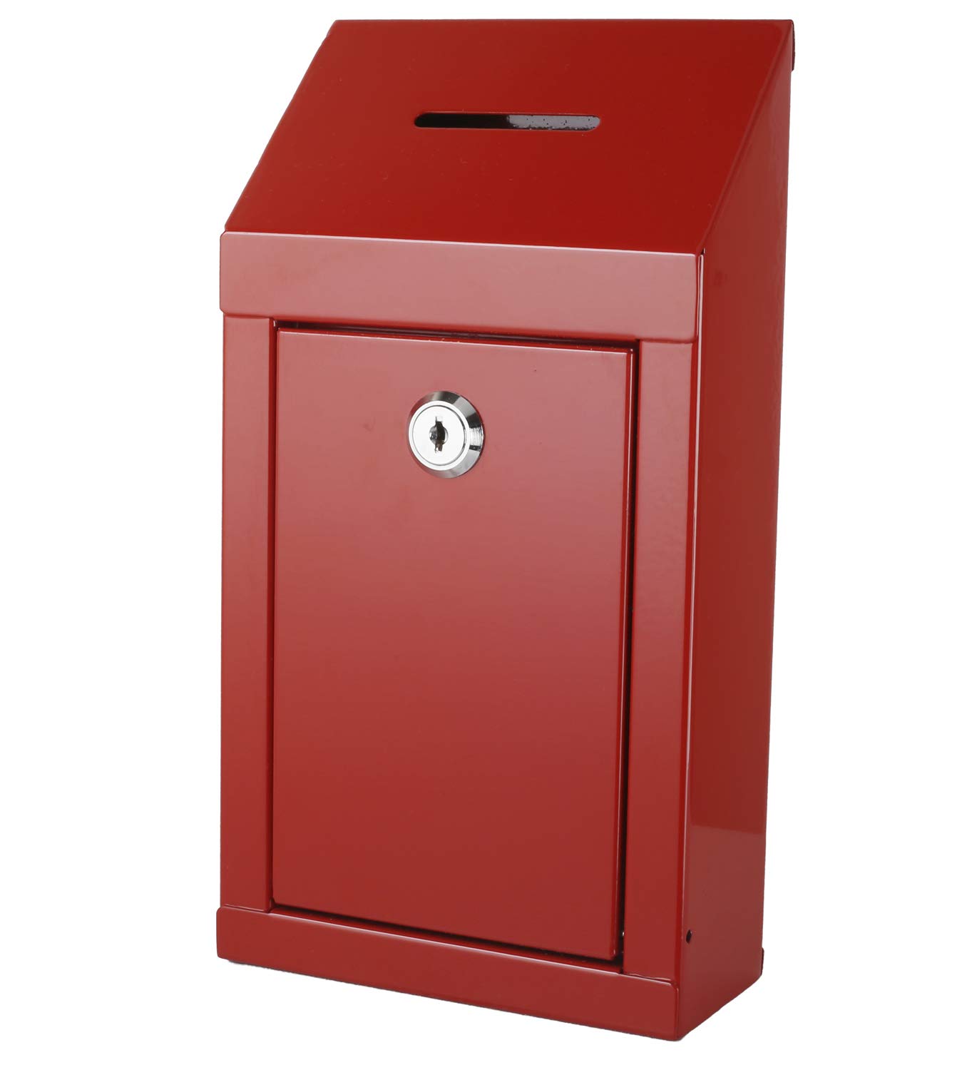 Secure Steel Collection Box with Top Slot and Lock with Keys - Wall Mountable with Pre-Drilled Holes, 10x6x2.5" Key Drop Box for Home Office (Red)