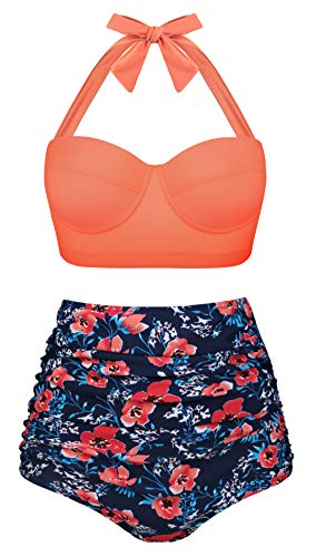 Angerella Orange Slimming Swimsuits for Women Tummy Control Pinup Halter Bikini,2XL