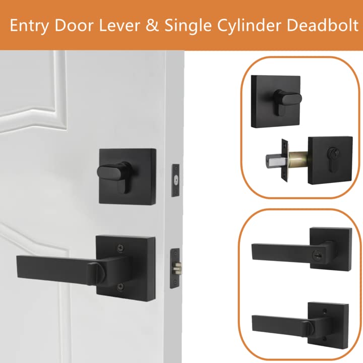 Probrico Flat Black Square Entry Levers Locksets and Single Cylinder Deadbolts Combination Set, Heavy Duty Front Door Office Entrance Levers, 3 Pack Keyed Alike(All Same Keys)