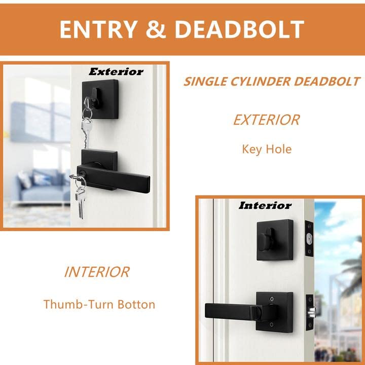 Probrico Flat Black Square Entry Levers Locksets and Single Cylinder Deadbolts Combination Set, Heavy Duty Front Door Office Entrance Levers, 3 Pack Keyed Alike(All Same Keys)