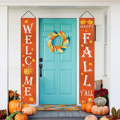 Fall Decor - Fall Outdoor Decorations for Home - WELCOME HAPPY FALL YALL Large Hanging Flags Signs Porch Banners - Autumn Decor for Home Door Birthday Party Yard Outdoor