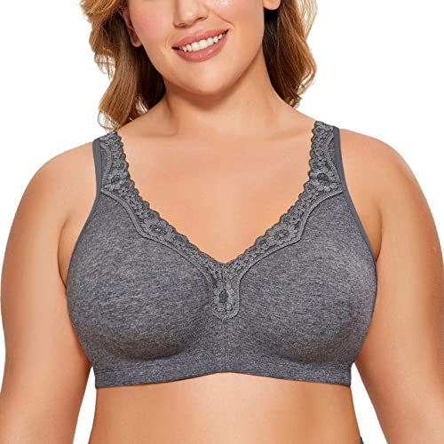 DELIMIRA Women's Wireless Plus Size Full Coverage Lace Bra Cotton Unlined Comfortable Charcoal Heather 48DD