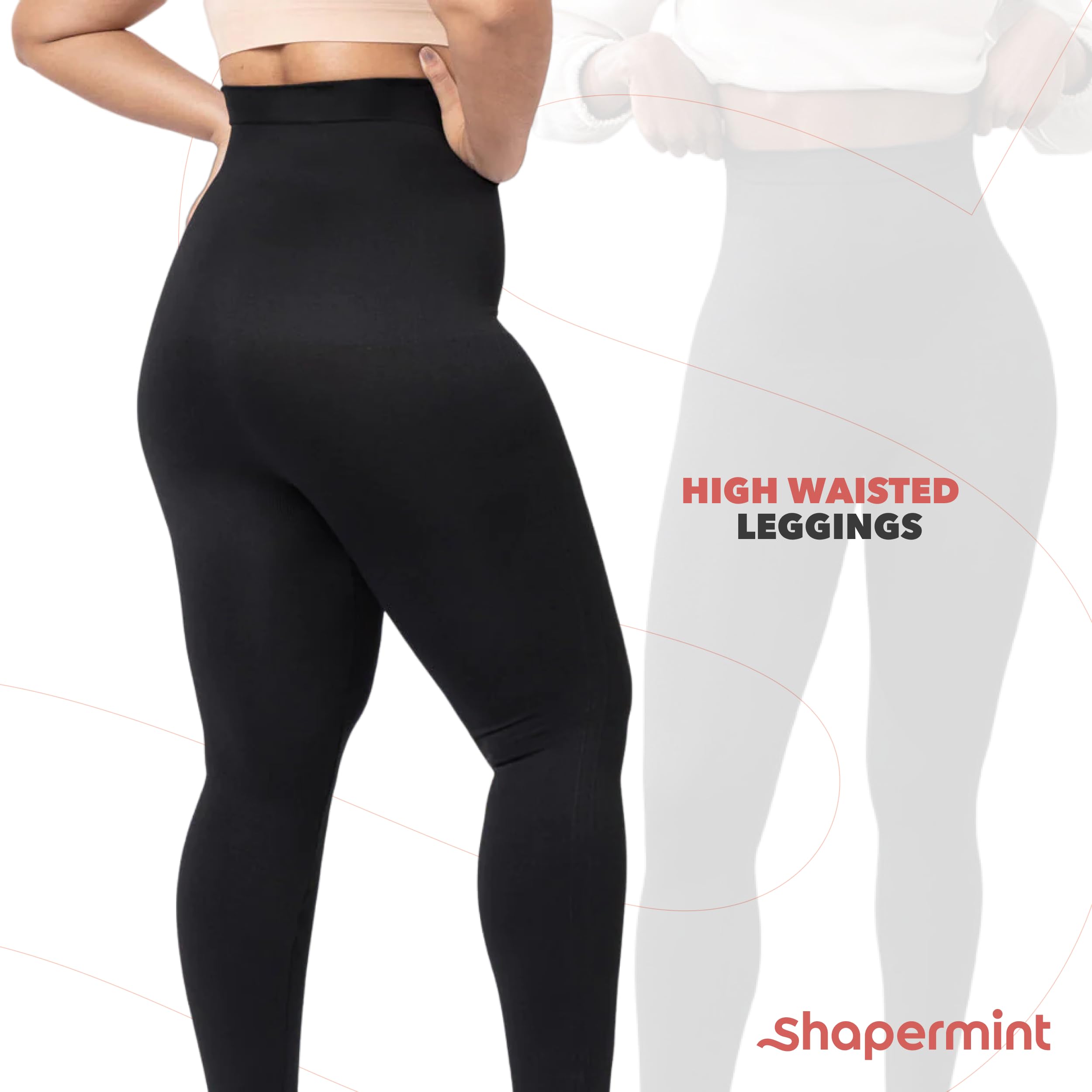 SHAPERMINT Leggings for Women Tummy Control - High Waisted Shapewear Leggings, Womens Plus Size, Thick Non-See-Through Black