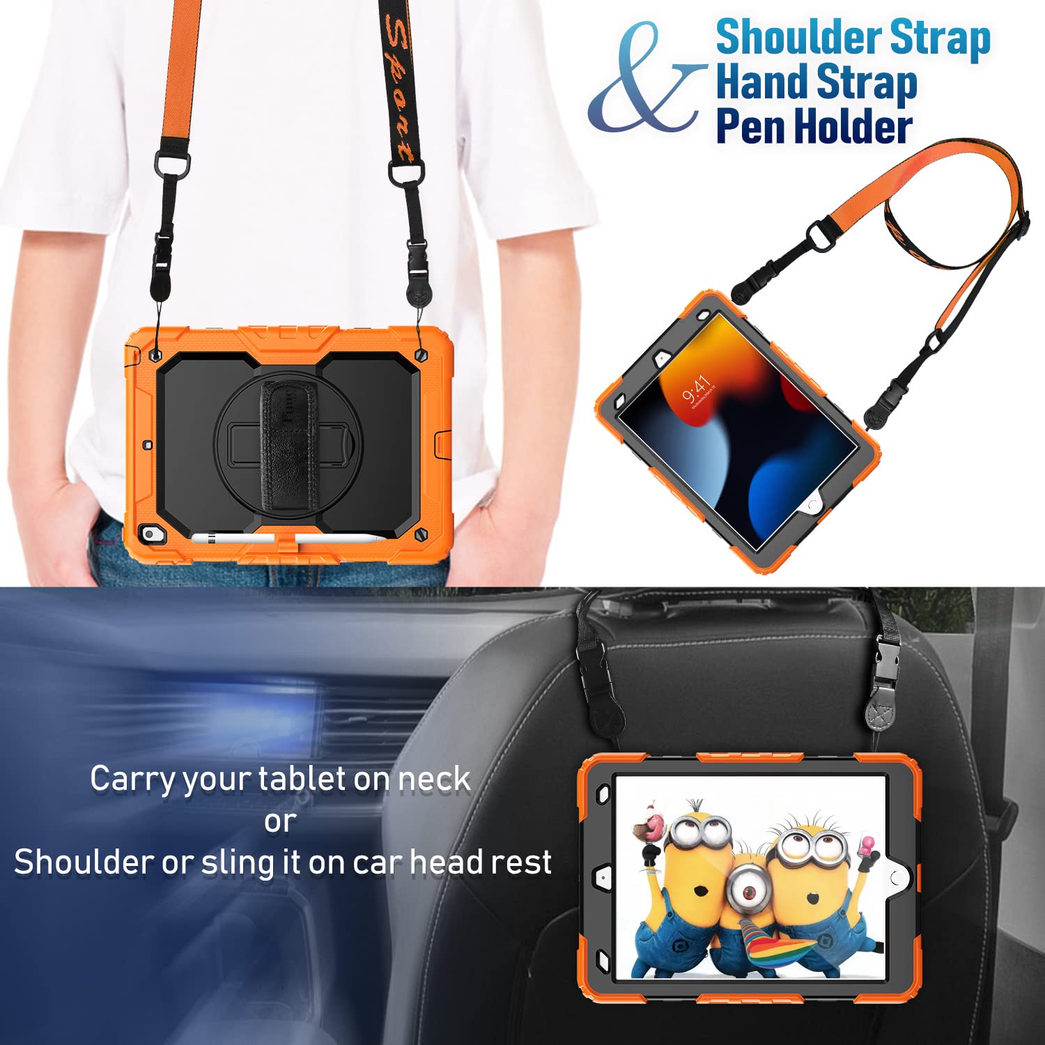 Timecity Case for iPad 9th/ 8th/ 7th Generation 10.2 inch - Heavy Duty Protective Cover with Screen Protector, Rotating Stand, Shoulder Strap & Pencil Holder | Kids-Friendly (Orange)