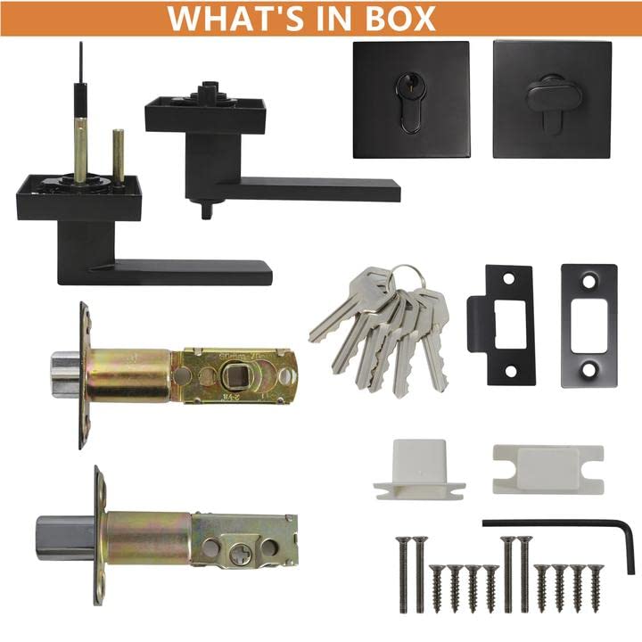 Probrico Flat Black Square Entry Levers Locksets and Single Cylinder Deadbolts Combination Set, Heavy Duty Front Door Office Entrance Levers, 3 Pack Keyed Alike(All Same Keys)
