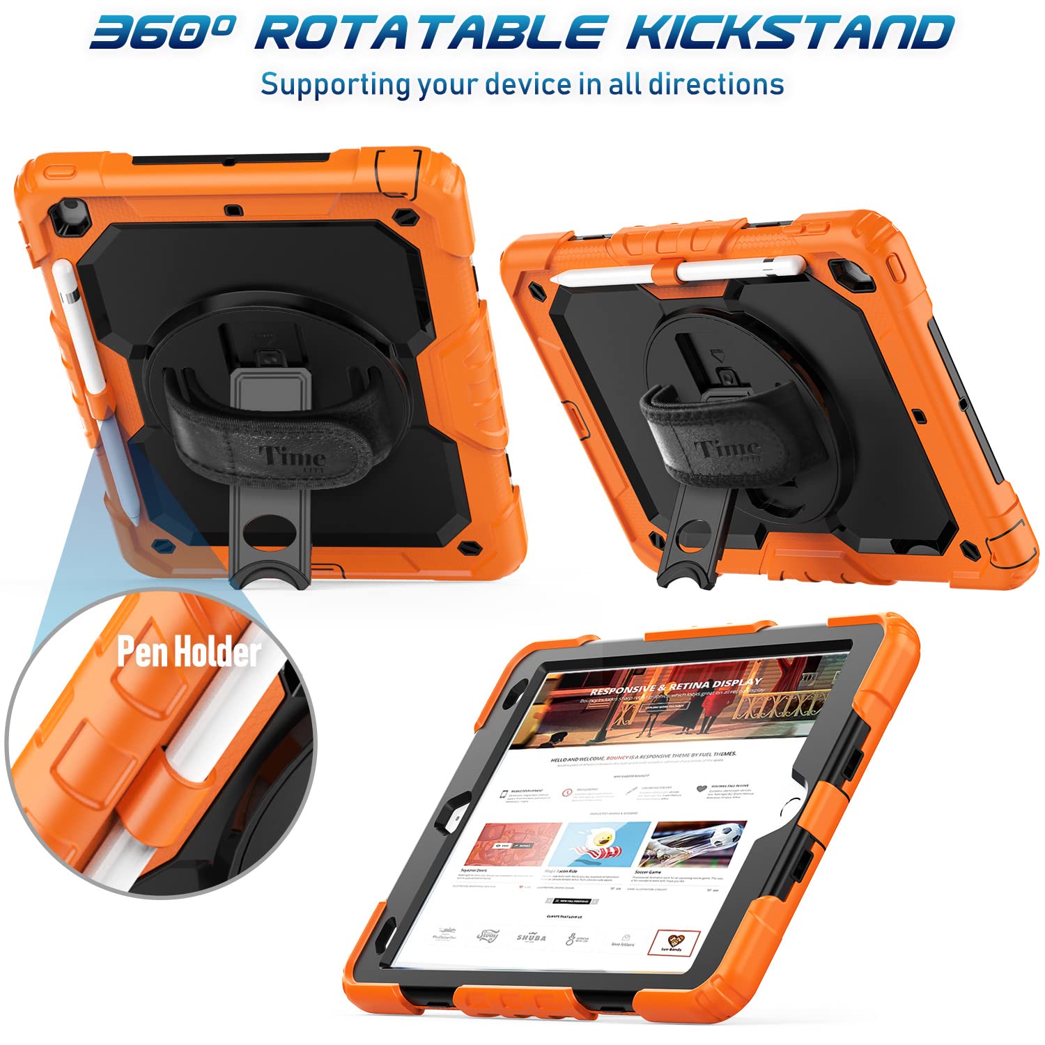 Timecity Case for iPad 9th/ 8th/ 7th Generation 10.2 inch - Heavy Duty Protective Cover with Screen Protector, Rotating Stand, Shoulder Strap & Pencil Holder | Kids-Friendly (Orange)