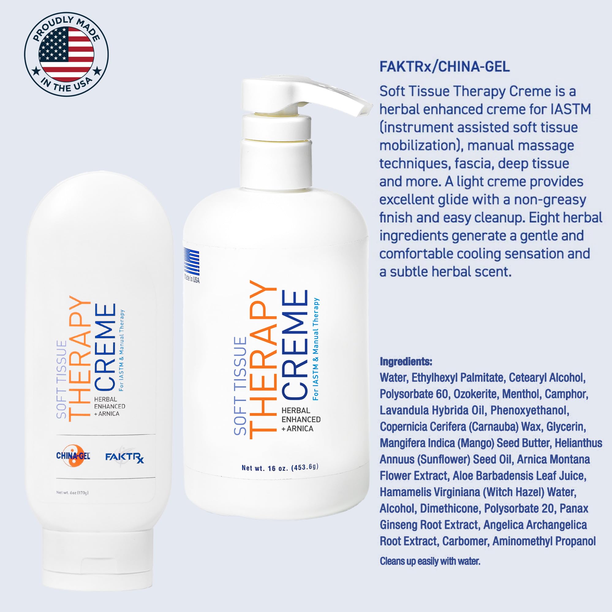 China-Gel Soft Tissue Therapy Creme – Professional Massage Cream with Arnica, Topical Lotion for IASTM, Manual Massage, Cupping Therapy, Kinesiology Taping & More, 6 oz Bottle