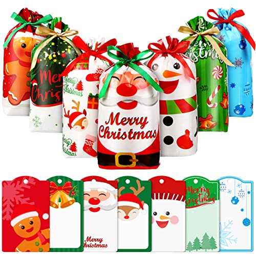 56PCS Christmas Candy Bags Christmas Drawstring Bags with Tags, Christmas Bags Small Goodie Bags Merry Christmas Treat Bags for Xmas Snack Wrapping Wedding Gift Party Favor 7 Styles