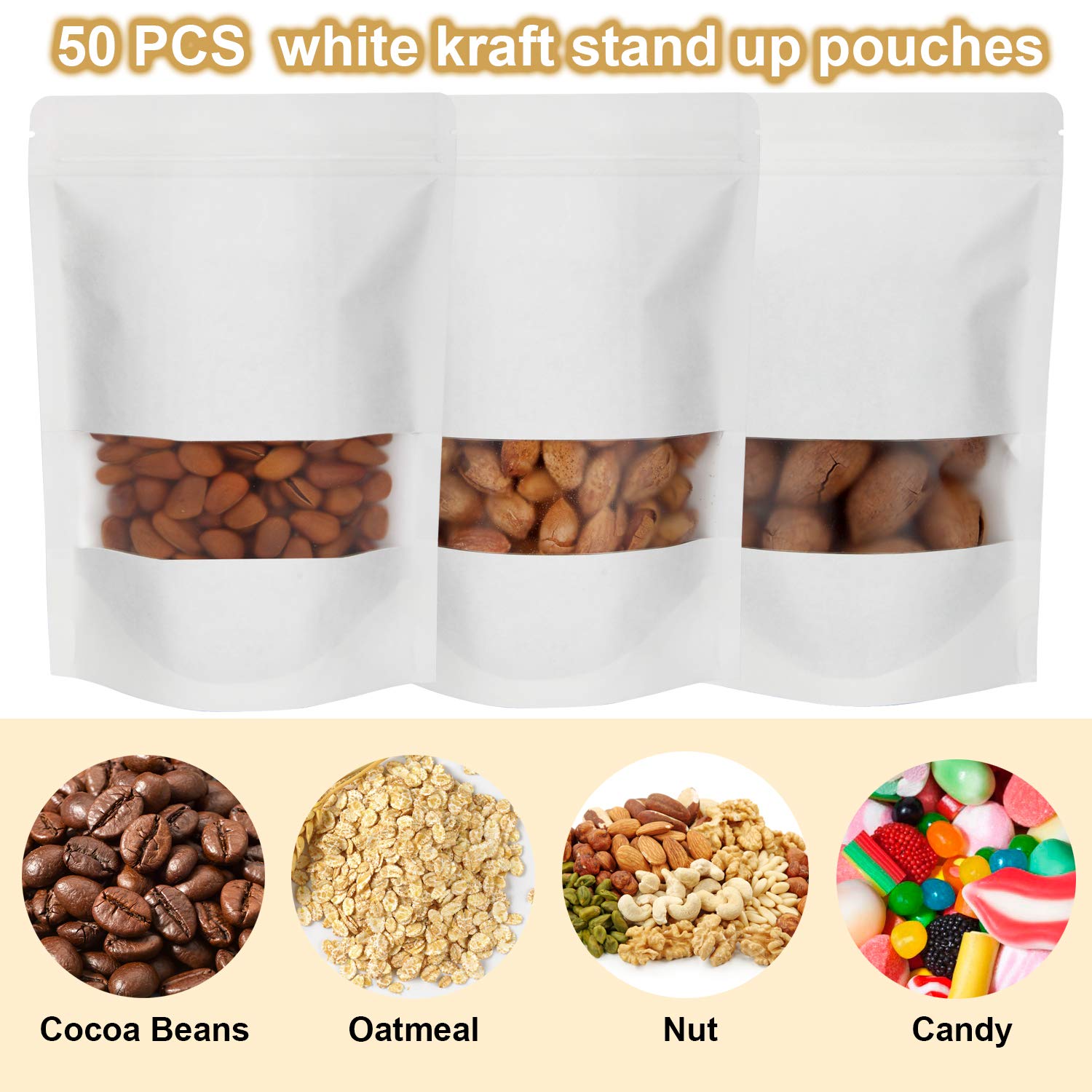 Blisstime 50 Pieces Resealable Bags for Small Business, White Kraft Zip Lock Stand Up Pouches with Matte Window Reusable Heat Sealable Bags for Packaging (7.9 X 11.8 Inches)