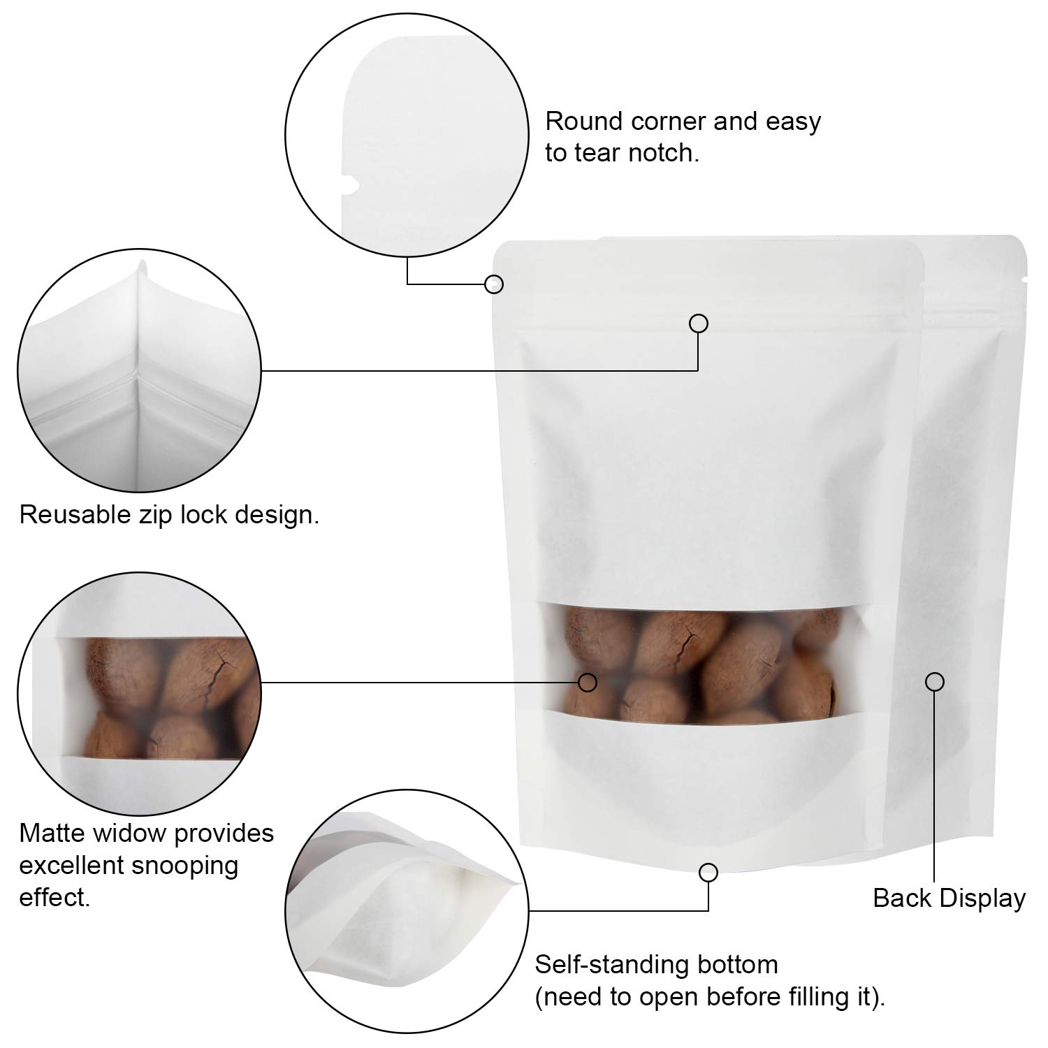 Blisstime 50 Pieces Resealable Bags for Small Business, White Kraft Zip Lock Stand Up Pouches with Matte Window Reusable Heat Sealable Bags for Packaging (7.9 X 11.8 Inches)